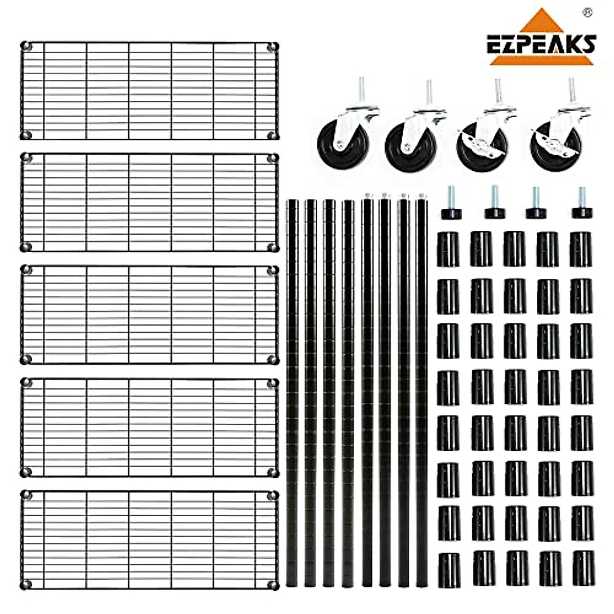 EZPEAKS 5-Shelf Shelving Units and Storage on 3'' Wheels with Shelf Liners Set of 5, NSF Certified, Adjustable Heavy Duty Carbon Steel Wire Shelving Unit (30W x 14D x 63.7H) Pole Diameter 1 Inch