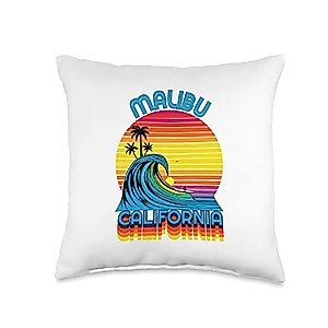 Malibu California Retro Beach Accessories Malibu California Retro Throwback Surf & Beach Souvenir Throw Pillow, 16x16, Multicolor