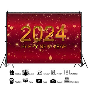Baocicco 9x6ft 2024 Happy New Year Party Photography Background Champagne Bokeh Gold Glitter Chinese Red Background Photo Backdrop New Year Eve Party Night Carnival Kids Adults Photoshoot Studio