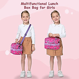 Kasqo Lunch Bag Box for Girls, Insulated Cooler Bag Kids Lunch Tote with Dual Compartments, Pink Kitty