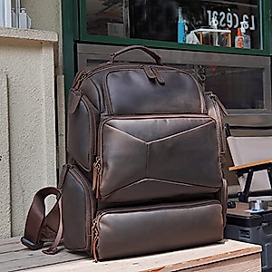 Polare Full Grain Leather Backpack Men's Business Travel Daypacks Camping Weekender Vintage College School Computer Bag Fits up to 15.6 Inch Laptop