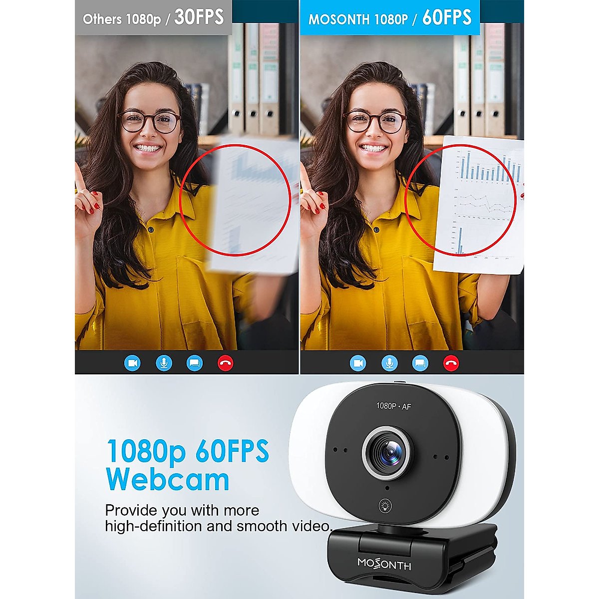 MOSONTH Webcam with Microphone, 60FPS Autofocus Computer Camera with 3 Light Colors, Web Camera with Built-in Privacy Cover, Tripod, Streaming Webcam for Conferencing, Teaching