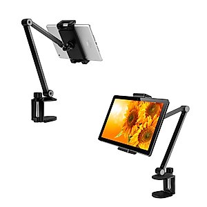 Aluminum Long Arm Tablet Stand Mount Compatible with iPhone/iPad/iPad Mini/iPad Pro 12.9" Any Phone/Tablets 4-13 inch,360° Swivel with Bracket Cradle for Home, Office,Kitchen and Bed-Black