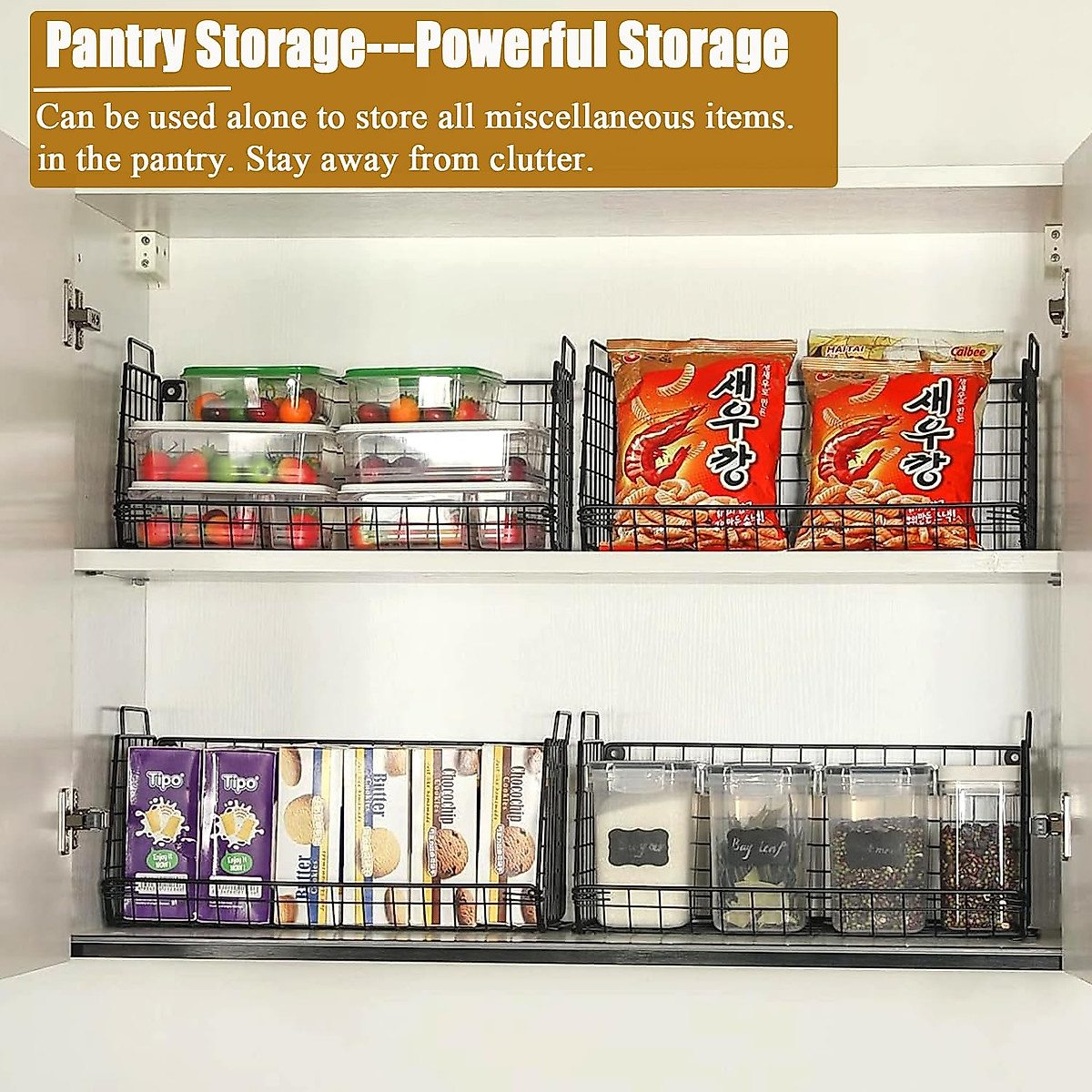 4 Pack Extra Large Stackable Wire Baskets, Pantry Organization and Storage,Wire Baskets for Organizing,Countertop Snack Chips Can Organizer,Household Storage Bins for Cabinet, Kitchen, Closet