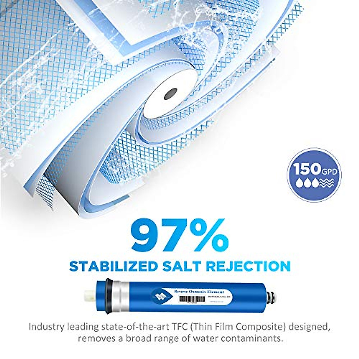 Membrane Solutions 150 GPD RO Membrane, Reverse Osmosis Membrane with Membrane Housing, Replacement for Under Sink Home Drinking RO Water Filter System, Wrench, 1/4" Quick-Connect Fittings,Check Valve