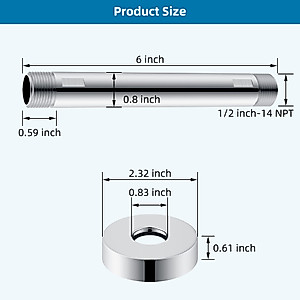 Hibbent All Metal Ceiling Mounted Shower Arm, 6 Inch Shower Head Extension Arm with Flange, Stainless Steel Straight Shower Arm For Fixed High Pressure Rain Shower Head, Shower Head Extender, Chrome