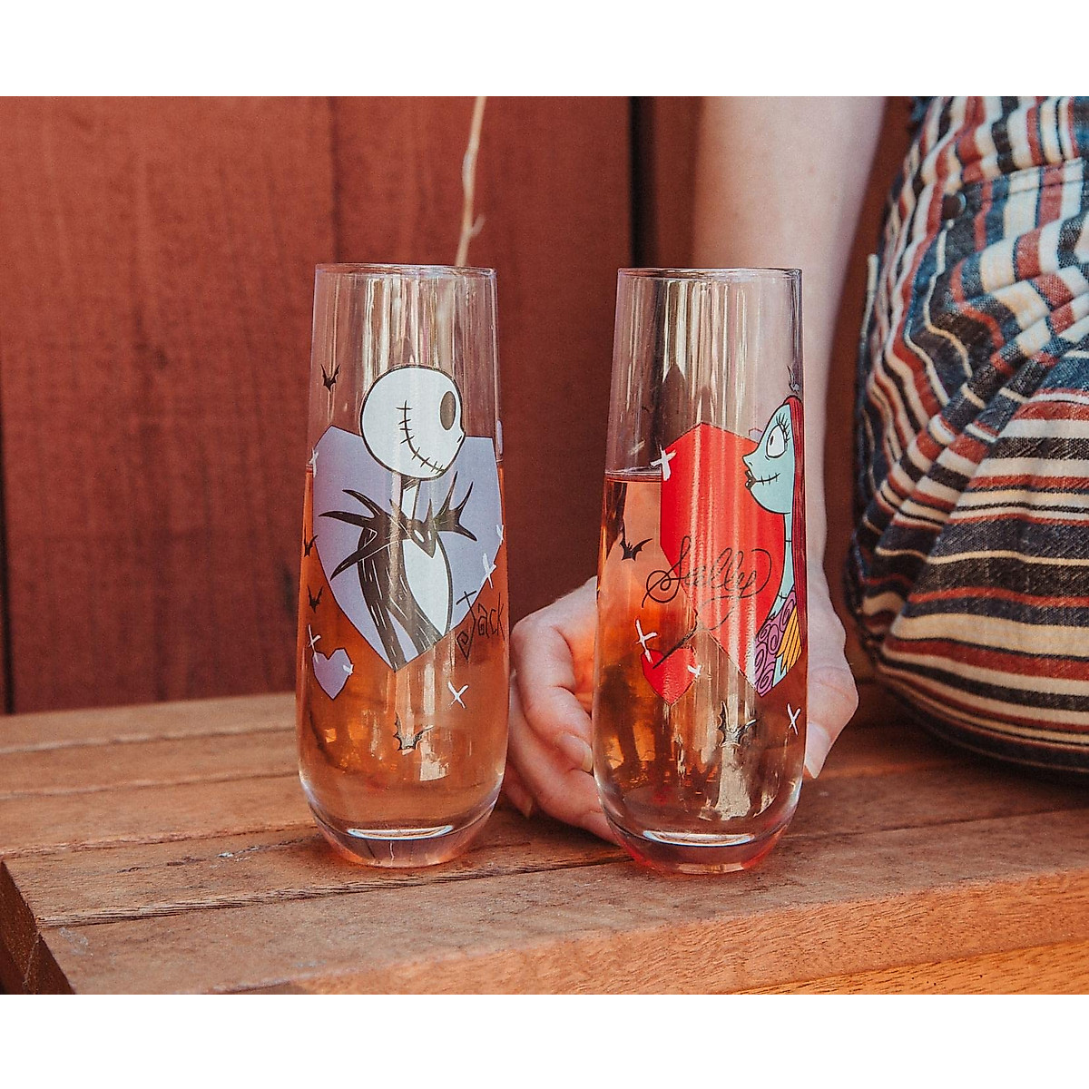 Disney The Nightmare Before Christmas Jack and Sally 9-Ounce Stemless Fluted Glassware, Set of 2 | Toasting Champagne Glass Cups For Wine, Mimosas, Cocktails | Home Bar & Kitchen Essentials