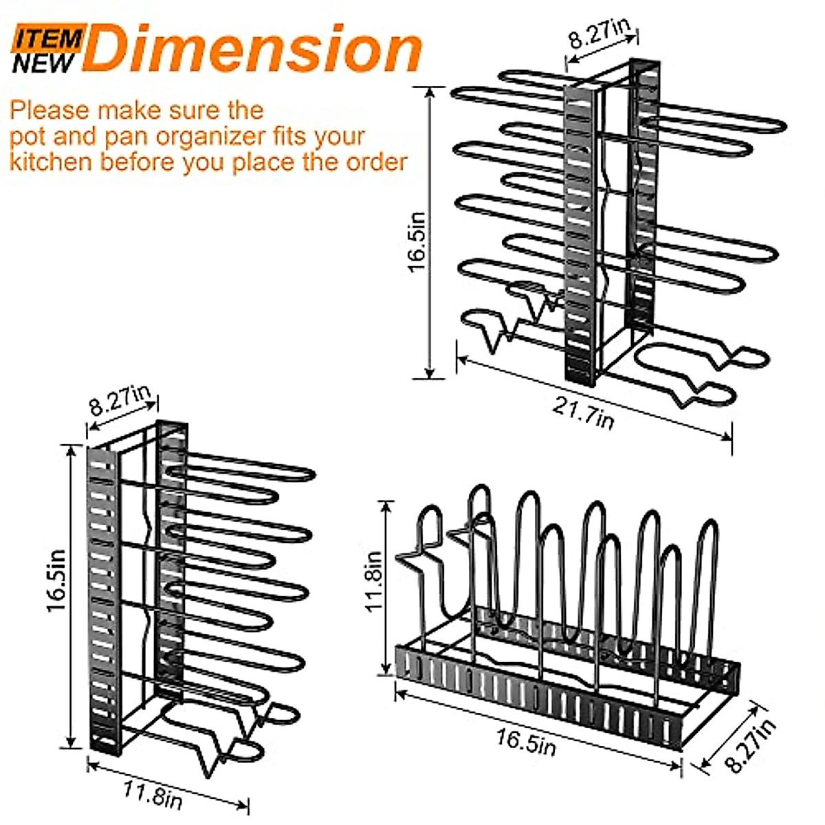 ZHOHO TANT Pots and Pans Organizer for Cabinet Upgraded Pots and Pans Organizer Rack for Kitchen Storage Larger Size Pot Lids Organizer rack with 8 Tiers & 3 DIY Methods(Black)