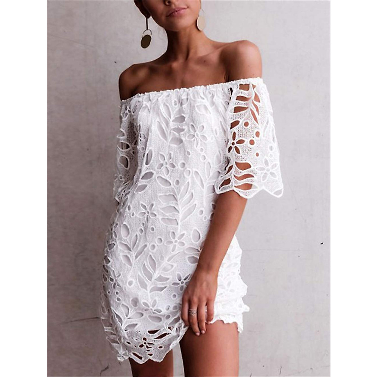 PRETTYGARDEN Women's Summer Off Shoulder Vintage Floral Lace Flare Short Sleeve Loose Elegant Mini Dress (White,Large)