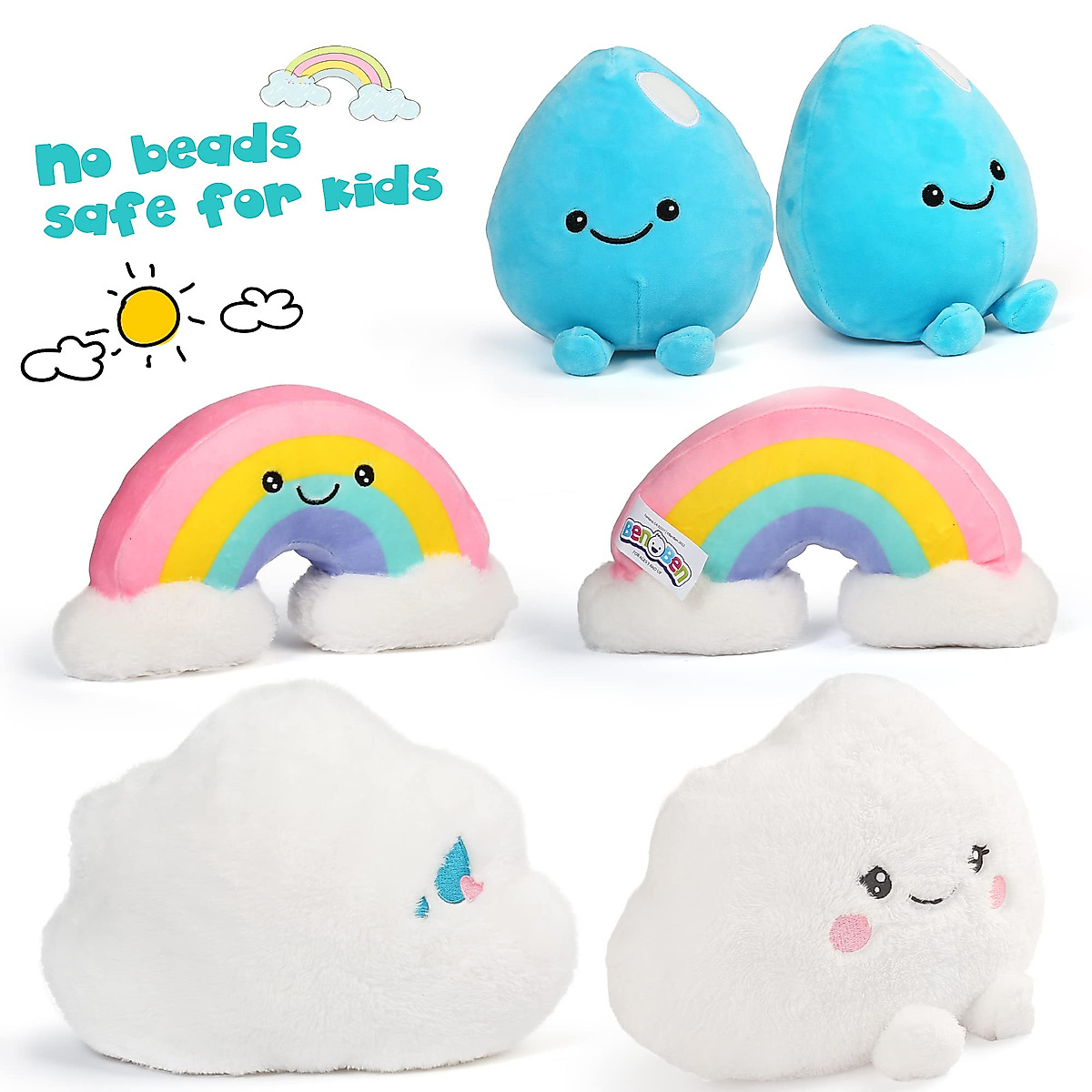 BenBen Cloud Pillow Toy 12 inch, Set of 3, 7 inch Stuffed Rainbow and Water Droplet Plushies, Soft Stuffed Toys for Kids Girls, Fun Decorative Plush Pillows for Home Decor, Easter Basket Stuffers