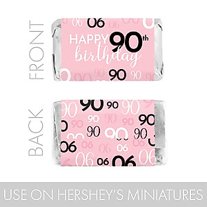 DISTINCTIVS Pink, Black, and White 90th Birthday Party Mini Candy Bar Wrappers - 45 Count, 90th Birthday Decorations for Women