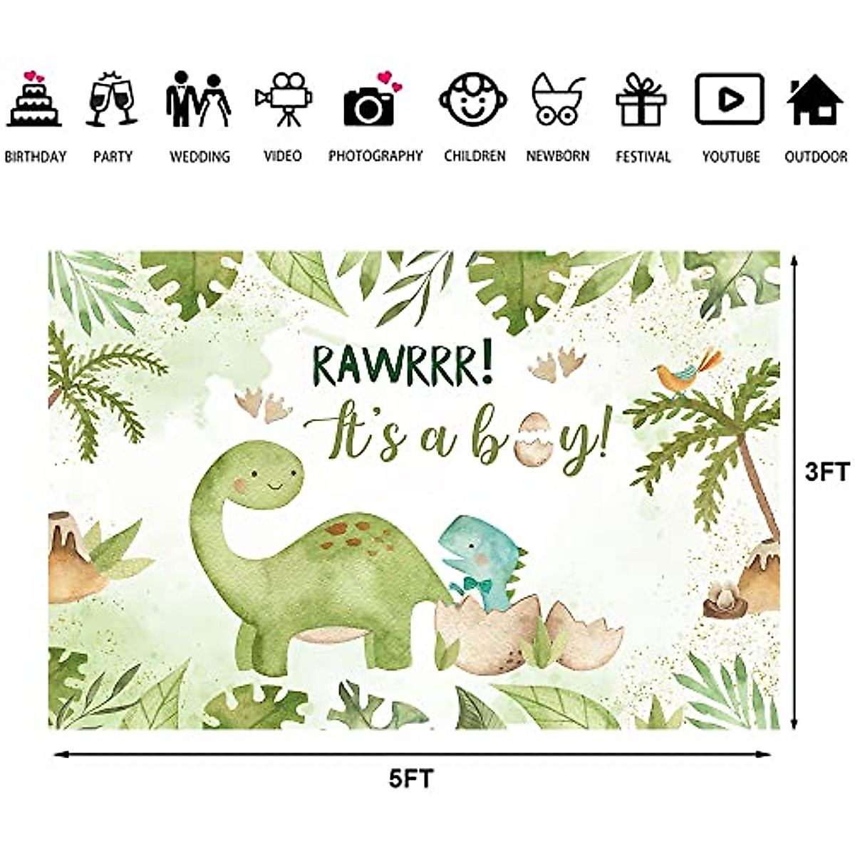Hilioens 5×3ft Dinosaur Baby Shower Backdrop It's A Boy Newborn Green Leaf Dinosaur Egg Party Decorations Banner Cartoon Dinosaur Supplies Background Cake Table Supplies