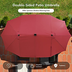 Tangkula 15FT Double-Sided Patio Umbrella with Solar Lights, Extra-Large Umbrella W/ 48 LED Lights & Auto-Charging Solar Panel, Outdoor Twin Market Umbrella W/Weighted Base Stand (Burgundy)