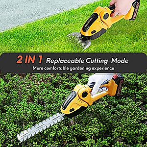 SCHTUMPA 24V 1260-RPM Cordless Grass Shears, 2-in-1 Mini Hedge Trimmer Cordless, Handheld Grass Trimmer Cordless, Electric Bush Trimmer Cordless, 2 Batteries and Charger Included,Yellow