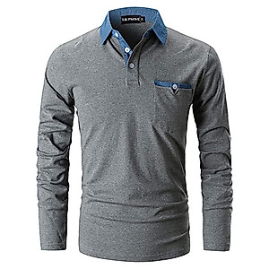 LIUPMWE Long Sleeve Polo Shirts for Men with Pocket Denim Collar Soft Cotton Shirts Golf T-Shirt
