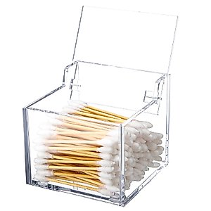 Qtip Holder Cotton Ball Dispenser Acrylic Container for Cotton Swab, Cotton Pads, Floss Picks Restroom Containers Bathroom Essentials Accessories Decor Vanity Storage Organizer, 3.3'' x 3.2'' x 2.75''