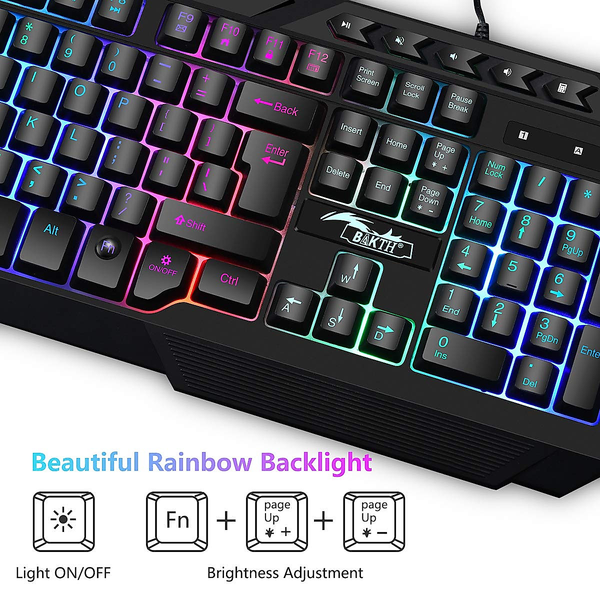 BAKTH Multiple Color LED Rainbow Backlit Wired Gaming Keyboard and Mouse Combo, USB Ergonomic Computer Keyboard with 7 Colors 3600DPI 6 Button Mouse for PC Windows Mac Game and Work
