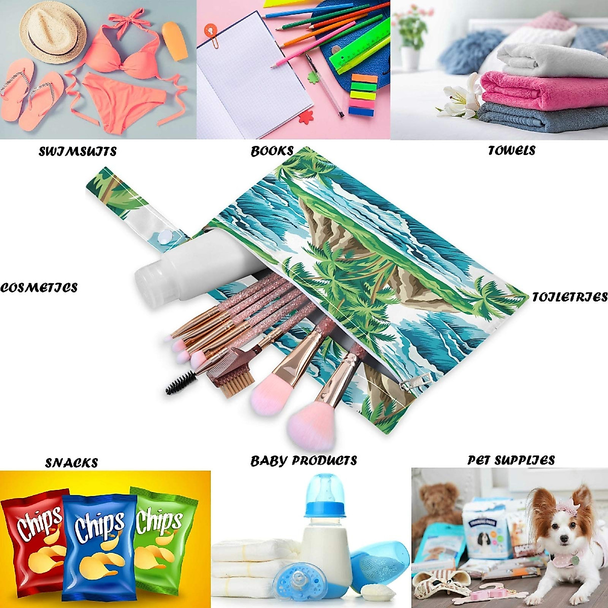 visesunny Coconut Tree Island Blue Sea 2Pcs Wet Bag with Zippered Pockets Washable Reusable Roomy for Travel,Beach,Pool,Daycare,Stroller,Diapers,Dirty Gym Clothes, Wet Swimsuits, Toiletries