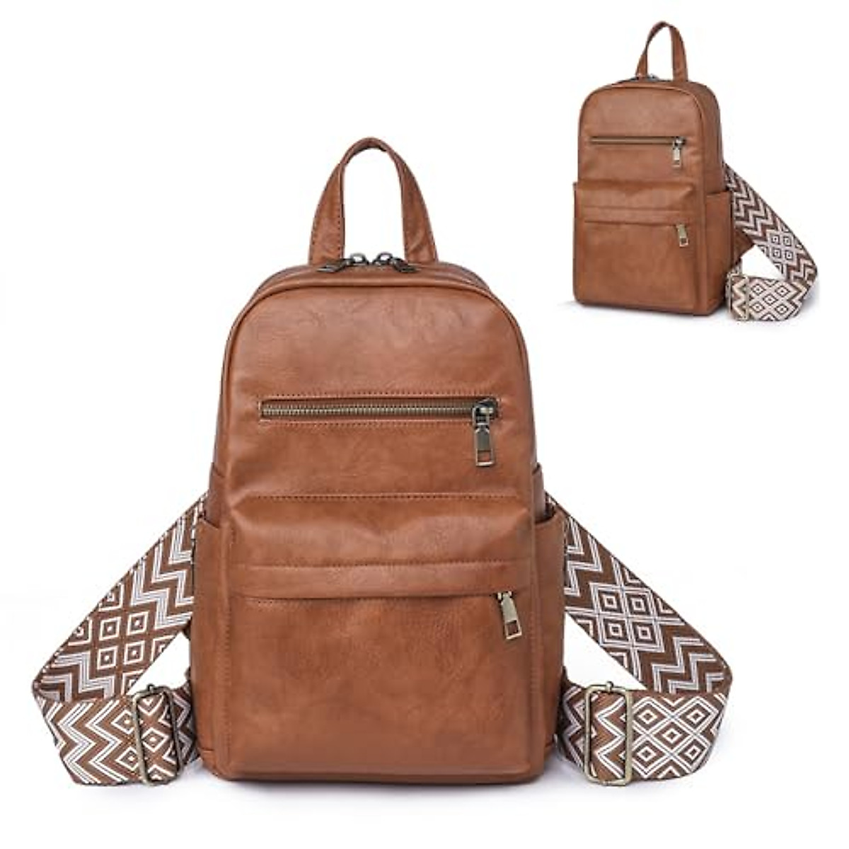 ALUSBELL Vintage Sling Bag Sling Backpack for Men Women, Vegan Leather Crossbody Bag Fanny Packs, Fashion Chest Bag Daypack with 2 Adjustable Straps,Brown