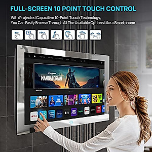 【H2 Chip Android 11.0 System & 500 cd/㎡ High-Brightness 2023 Model】Haocrown 21.5-Inch Touchscreen Bathroom TV IP66 Waterproof Smart Mirror TV 1080P LED TV Built-in ATSC Tuner Wi-Fi Bluetooth(8GB+64GB)