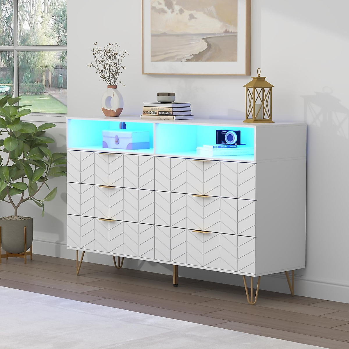Loomie 6 Drawers Double Dresser with Power Outlet & LED Light,White Long Dresser Chests of Drawers with Storage Cubby,Wood Wide TV Dresser Stand for up to 55" for Bedroom,Hallway,Entryway