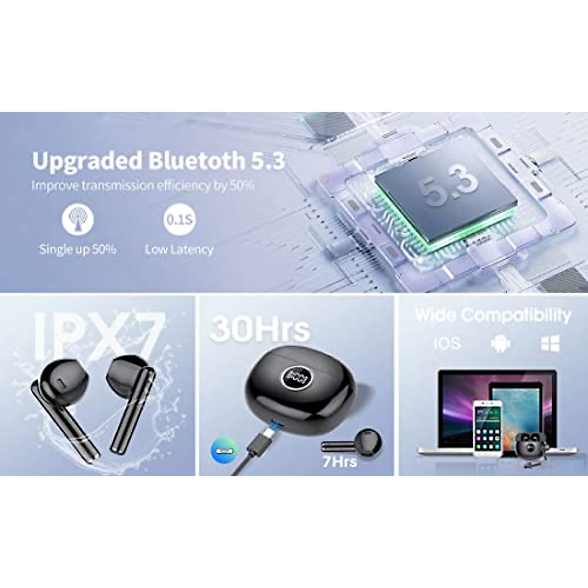 Truee Wireless Earbuds 37H Long Battery Life 5.3 Bluetooth Earbuds Black Wireless Headphones IPX7 Waterproof Ear Buds Fast Charging for Sport Mini Light Stereo Bluetooth Earphones Support iOS Android