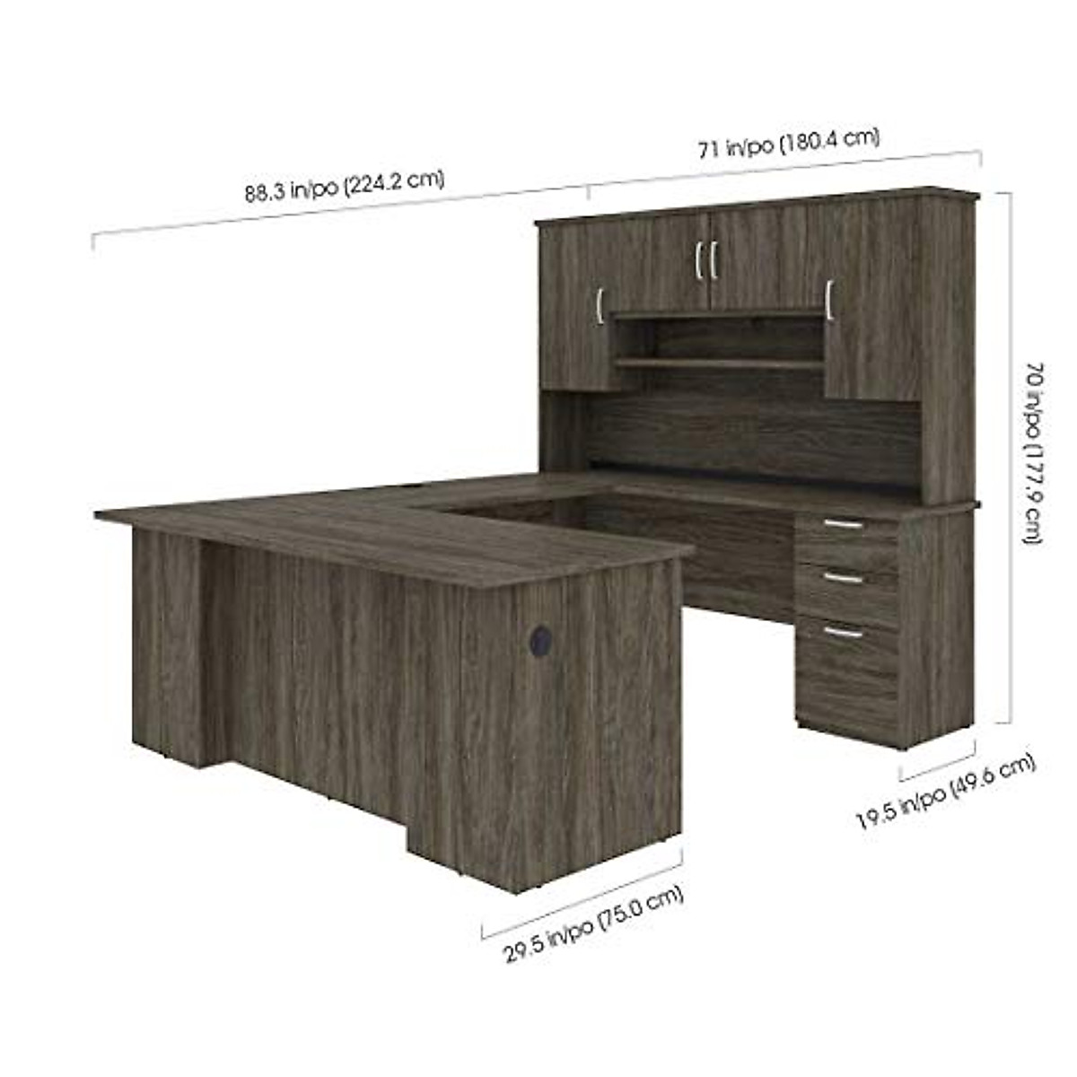 Bestar Murzim U or L-Shaped Executive Desk with Hutch, 71W, Walnut Grey