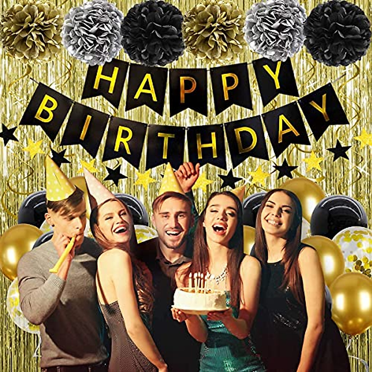 Birthday Decorations for Men,Black And Gold Party Decorations Boys Happy Birthday Decorations with Banner Birthday Party Supplies