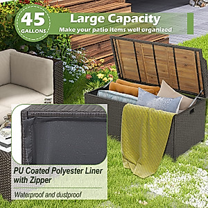 Tangkula 45 Gallon Outdoor Storage Bench, Mix Brown Rattan Storage Container with Zippered Liner, Acacia Wood Top Lid, Sturdy Gas Strut Support, 3-in-1 Multifunctional Deck Box for Front Porch, Garden