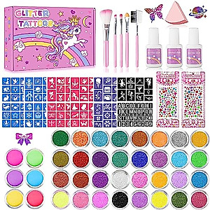 Temporary Glitter Tattoos Kids,32 Glitter Colors and 6 Fluorescent Colors,165 Stencils,2 diamond stickers,3 Glue,5 Brushes,1 Powder Puff,Adults and Kids Arts Glitter Kit,Holiday Gifts for Girls&Boys.