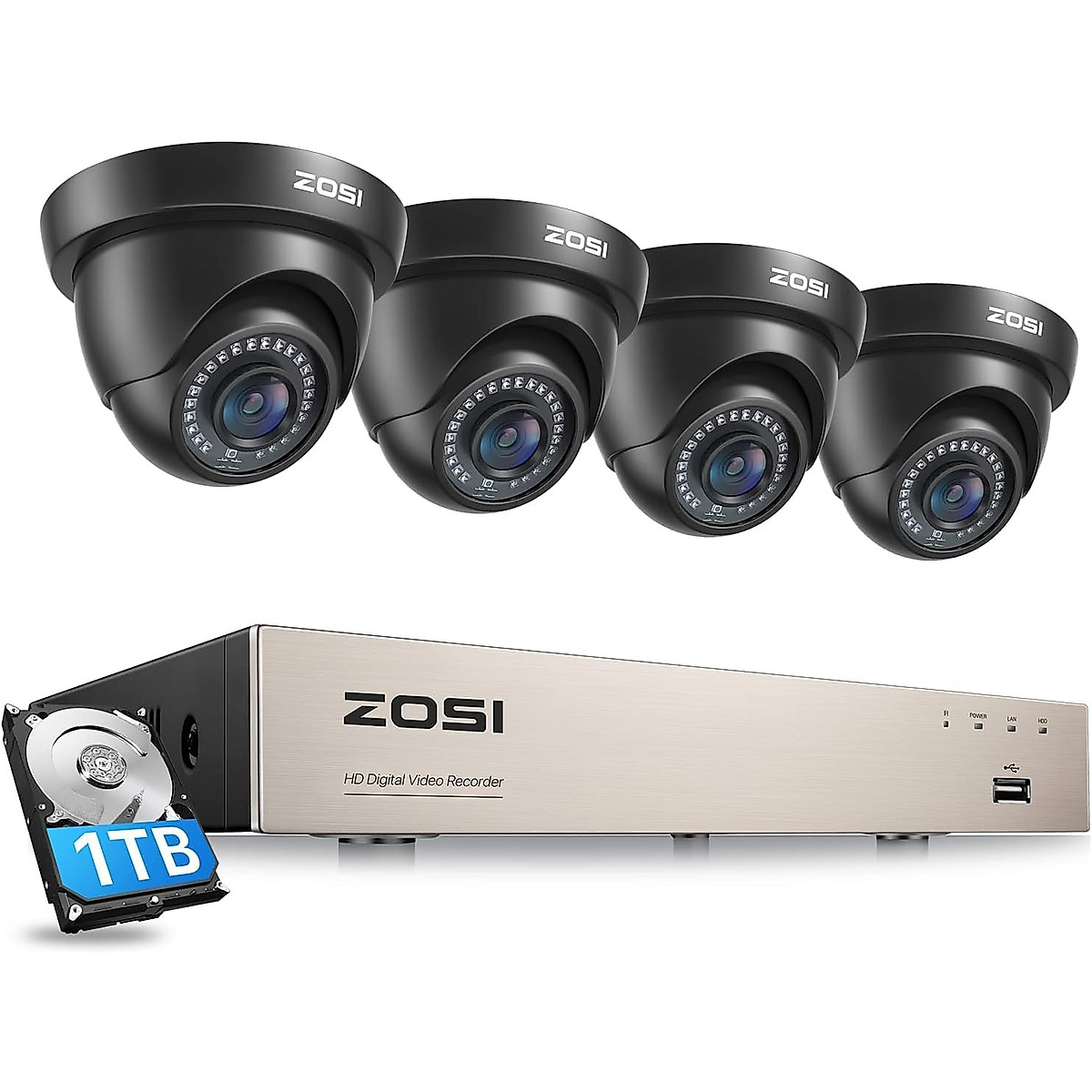 ZOSI 3K Lite Security Camera System with 1TB Hard Drive,AI Human/Vehicle Detection,Night Vision,H.265+ 8Channel HD TVI DVR Recorder,4pcs 1080P HD 1920TVL Indoor Outdoor Surveillance CCTV Dome Cameras