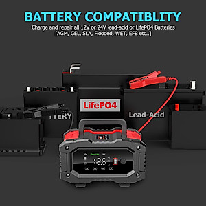 YONHAN Battery Charger 20 Amp Lifepo4 Float Fully-Automatic Smart Charger, 12V and 24V Car Battery Trickle Charger, Maintainer/Pulse Repair Charger for Car, Boat, Motorcycle, Lawn Mower