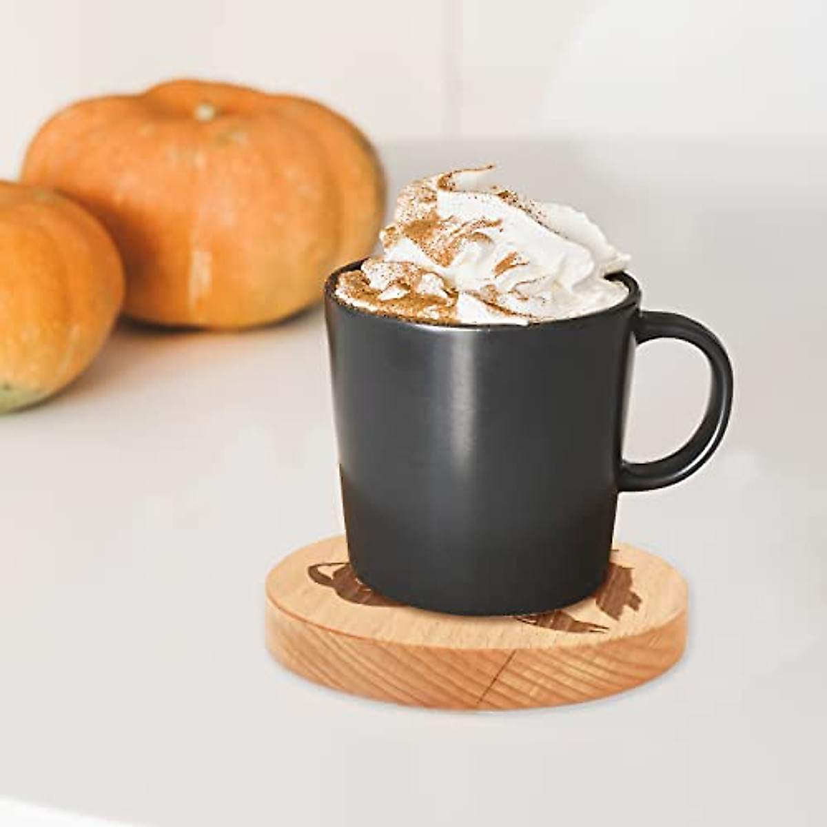 Whaline 4Pcs Halloween Wood Coaster Horror Movie Character Wood Round Coasters Halloween Holiday Cup Mat for Drinking Glasses Tabletop Protection Halloween Home Kitchen Office Decor