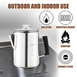 APOXCON Multi Use Percolator Coffee Pot Stainless Steel Stove Top Coffee Maker with Two Borosilicate Glass Knob Silica Handle Camping Coffee Pot Using on Campfire Stove & Induction Cooker Silver 9 Cup