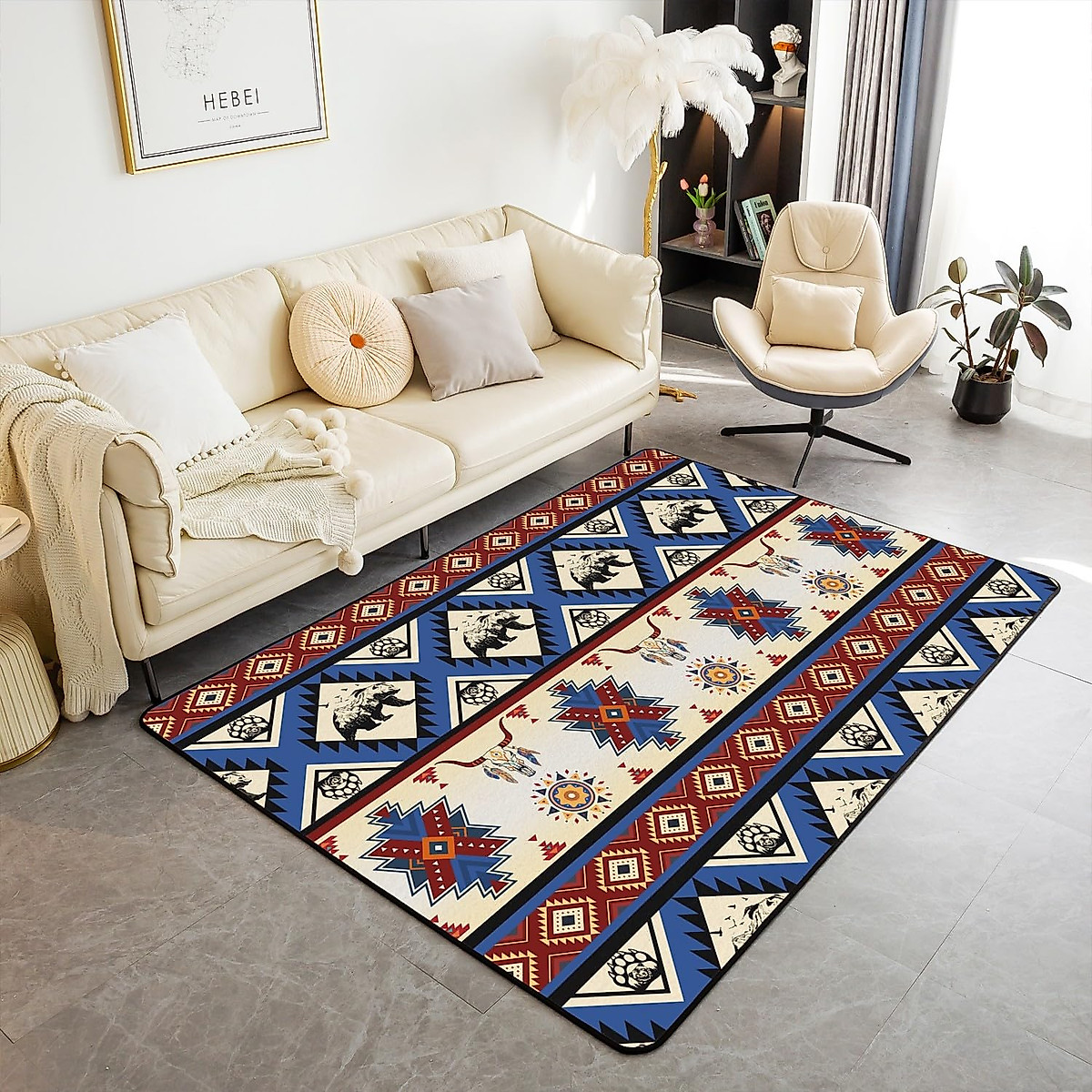Erosebridal Black Bear Carpet Exotic Bull Skull Living Room Rug 3x5 for Bedside,Ethnic Tribe Arrow Aztec Indoor Floor Mat Tribal Geometry Diamond,Boho Western Decor Accent Rug Set for Bedroom,Red Blue