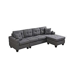 BIADNBZ Modern Sectional Sofa Set with Reversible Chaise Lounge,2 Pillows and Cup Holders,4-Seat L-Shaped Upholstered Couch for Living Room Office Apartment, Gray
