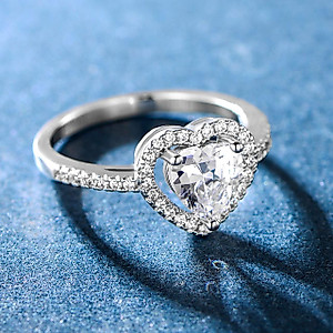 18K White Gold Plated Heart Cubic Zirconia Rings for Women Wedding Promise Engagement Size 7