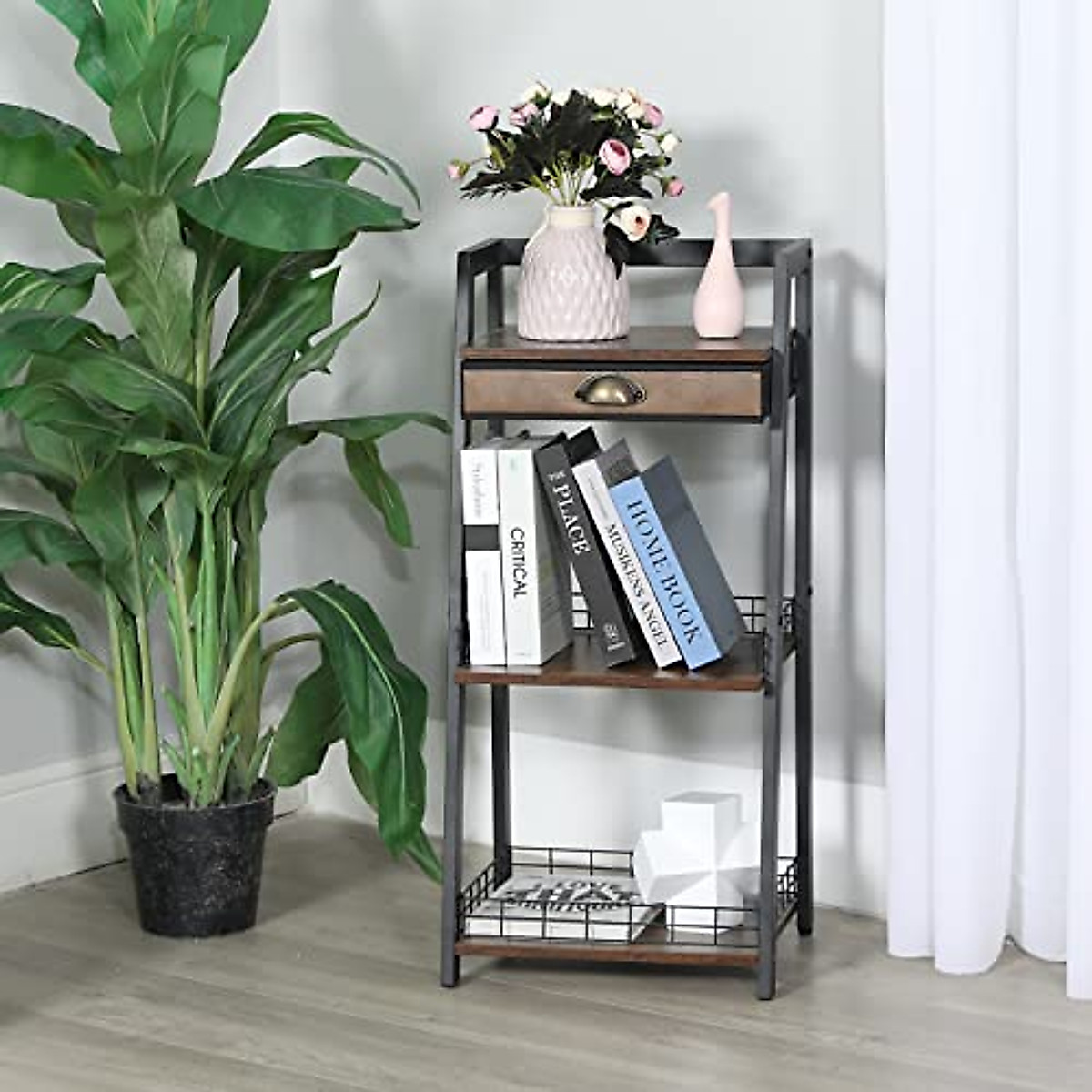 keomaisyto 3-Tier Bathroom Ladder Shelf, Bathroom Floor Storage Shelf with Drawer, Freestanding Tower Shelf, Open Shelving Unit for Bathroom Living Room Balcony