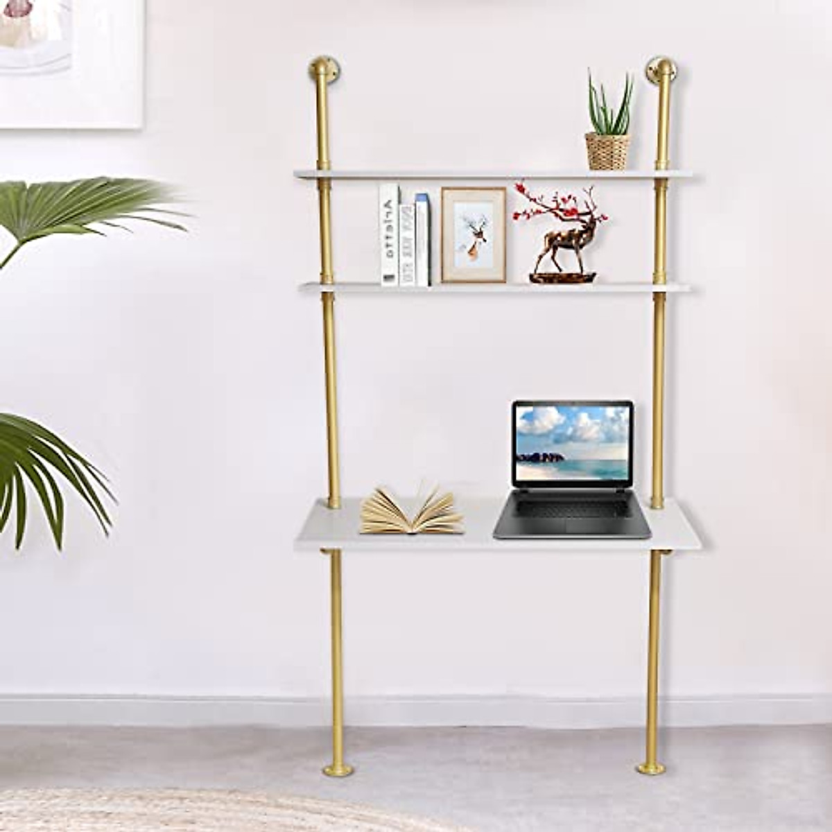 LOYALHEARTDY Wall Mount Ladder Desk Industrial Computer Desk with Shelves White and Gold Desk Writing Study Table Home Office Computer Table 3-Tier Wall Ladder Desk