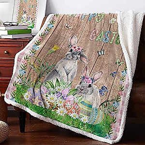 Sherpa Fleece Throw Blanket,Easter Spring Bunny Egg Basket Floral Grassland Soft Reversible Flannel Throws for Couch Sofa Bed,Pink Plaid Vintage Brown Wood Grain Warm Cozy Blankets for Travel 50x60In