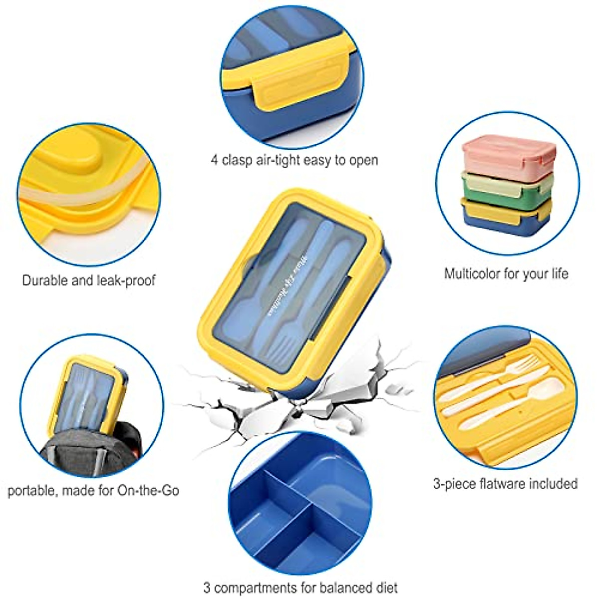 HOTEC Bento Lunch Box for Kids and Adults Built-in Knife, Fork & Spoon, 1400ML Portable Bento Box with 3 Compartments Perfect for On-the-Go Meal, BPA-Free, Microwave/Dishwasher/Freezer Safe(Blue)