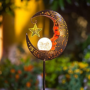 Hapjoy Solar Lights Outdoor Garden Decor Solar Moon Lantern for Patio,Lawn or Pathway Moon Decorations Crackle Glass Globe Stake Metal Lights Waterproof Warm LED Garden Gifts (Bronze)