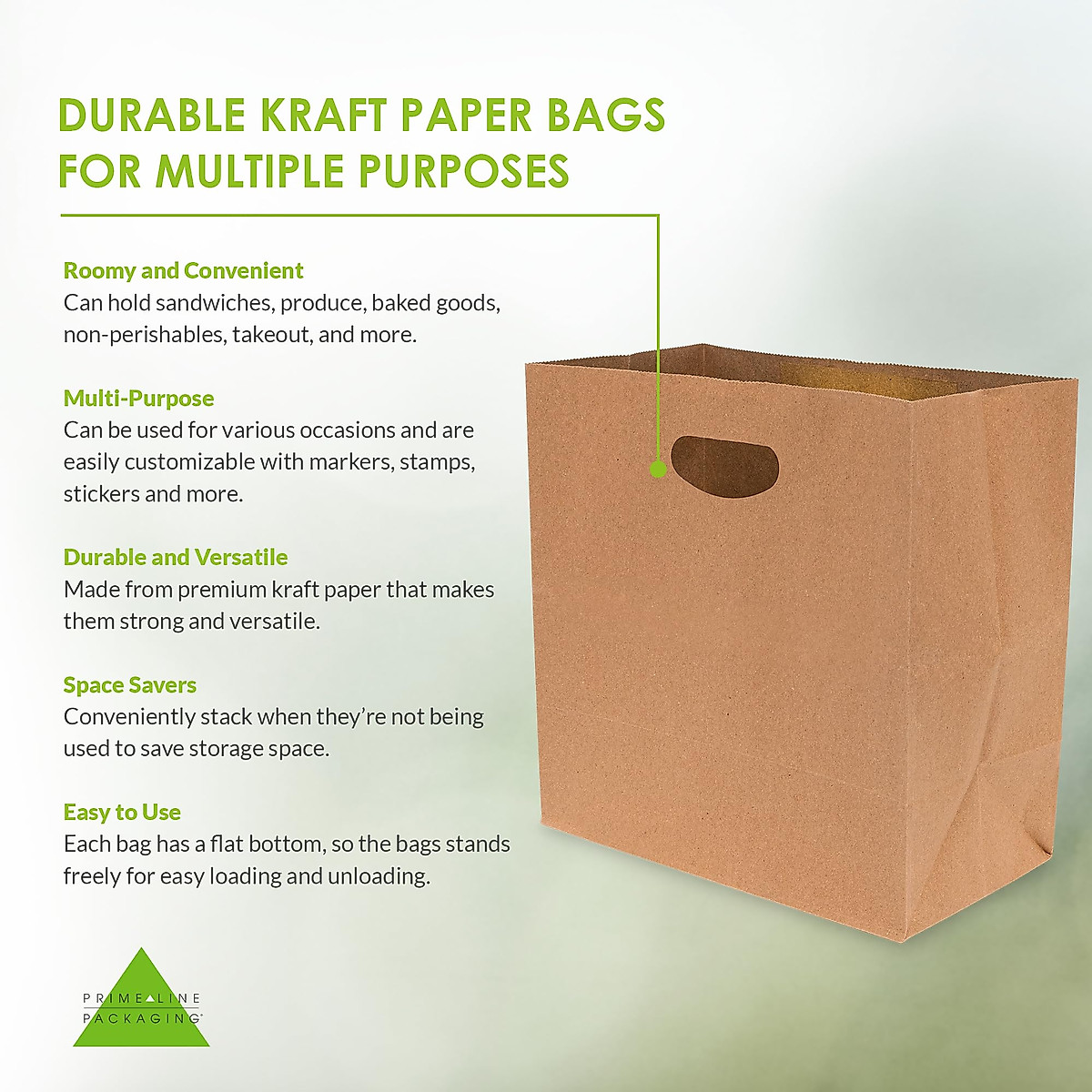 Prime Line Packaging Brown Paper Bags with Die Cut Handles for Food To Go, Bread, Take Out Goodie, Restaurant, Small Business, Bulk, 11x6x11, 100 Pack