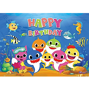 RitzyBiz Baby Shark Backdrop for Birthday Party Supplies (7x5 feet) Blue Cartoon Whale Ocean Photo Background for Baby Shower Decoration Boys Girls Photography Backdrop (Blue)
