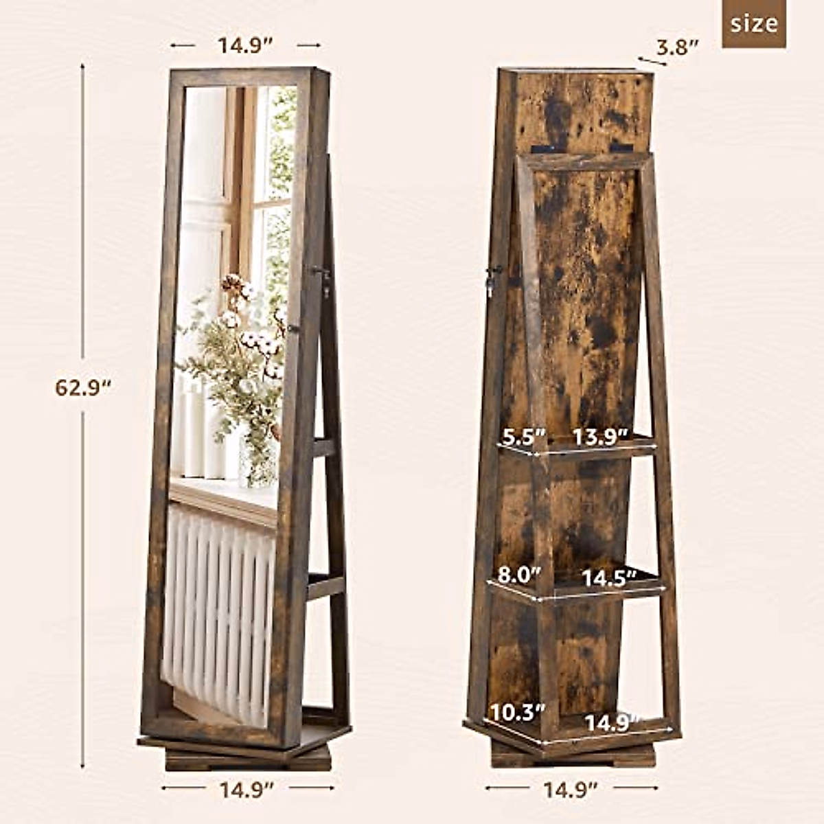 SERWALL 360 Rotating Jewelry Stand Organizer - Jewelry Armoire with Full-Length Mirror- Freestanding Dressing Mirror Jewelry Cabinet Storage - RUSTIC BROWN
