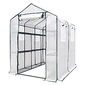 KING BIRD Upgraded 7 x 4.7 x 6.4 FT Walk-in Greenhouse for Outdoors, Thickened PE Cover & Heavy Duty Powder-Coated Steel, w/ Zippered Mesh Door & Screen Windows, 20 Sturdy Shelves for Garden, White