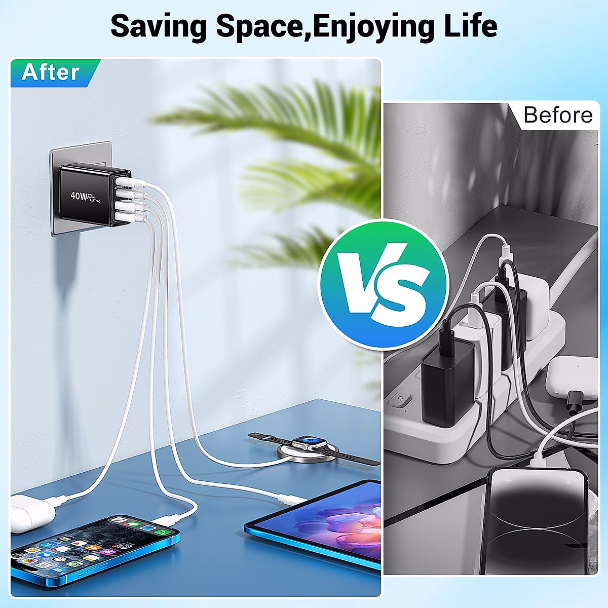 2 Pack USB C Charger Block 40W 4Port Fast Charging Brick Dual USB C Wall Charger Plug Phone Charger Cube Compatible with iPhone Pro 15 14 13 12 11 Pro Max, iPad, Samsung Galaxy, Google,Tablet