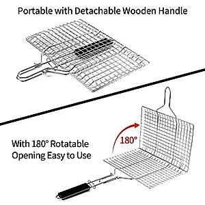 Vastector Grilling Basket, Folding Portable Outdoor Camping Stainless Steel BBQ Rack with Removable Handle for Shrimp, Steaks, Burgers, Hot Dogs, Barbeque Griller Cooking Tool