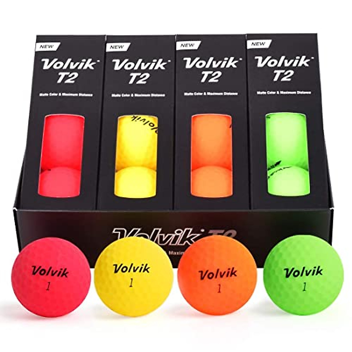 Volvik T2 Ionomer Polymer Low Side Spin Matte Finished Long Distance Balls 2-Pieces, 1 Dozen (Multicolor)