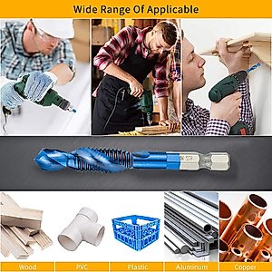 6 Packs Combination Drill & Taps Bit Set, Screw Tapping in 6 Sizes Metric Thread M3 M4 M5 M6 M8 M10 with Nano Blue Coating， Hex Shank